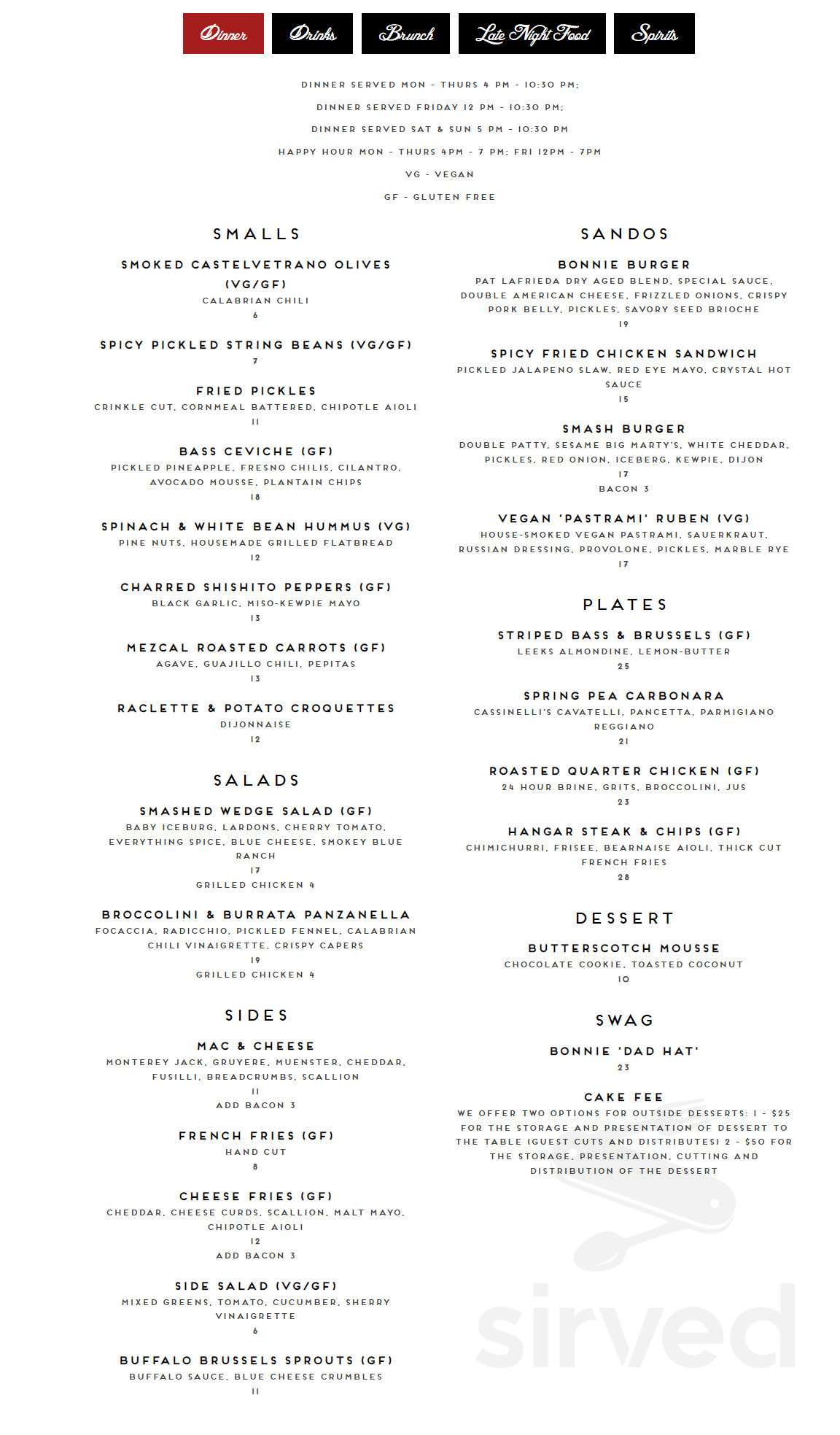 The Bonnie menu in Queens, New York, USA
