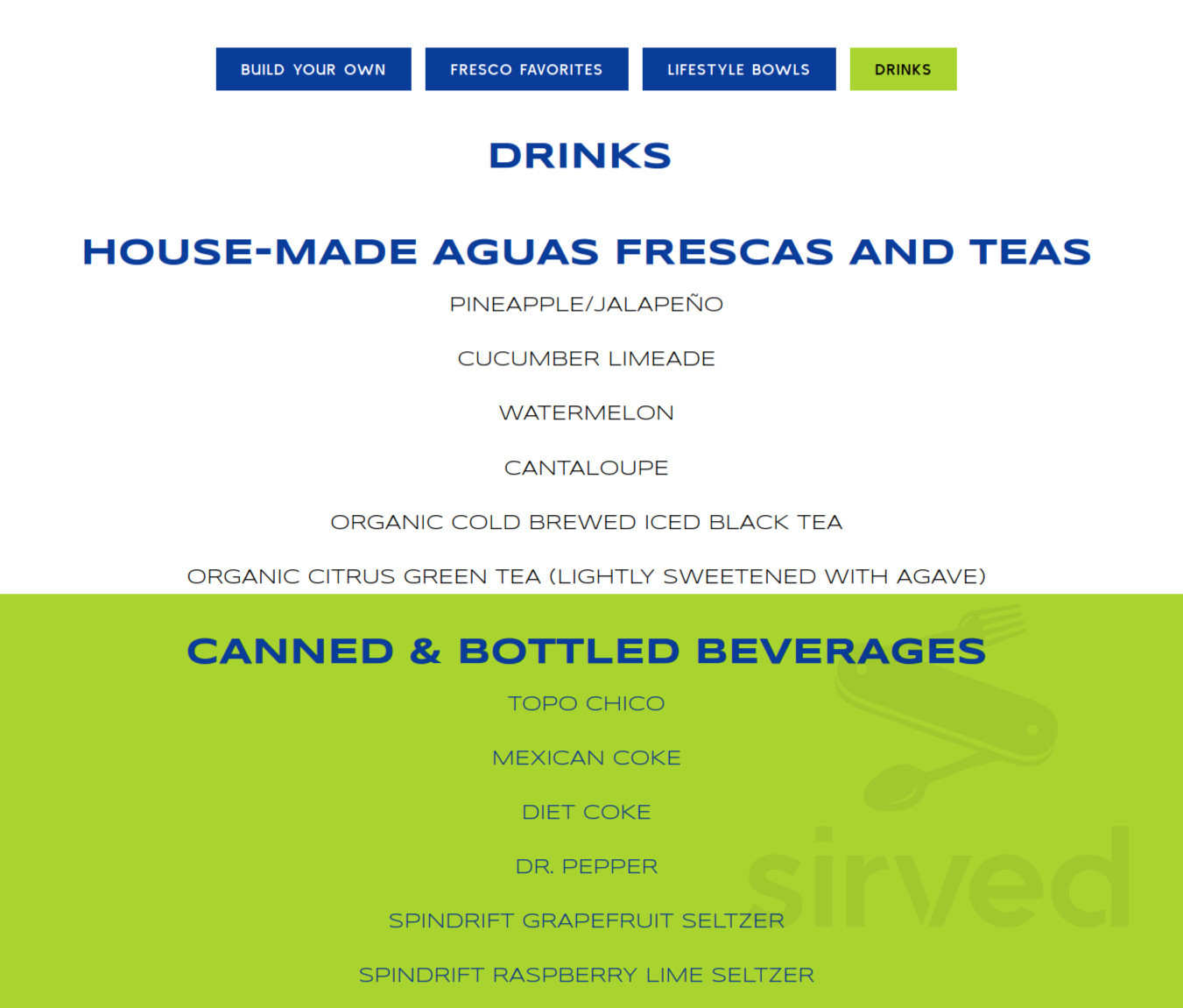 Fresco menu in San Marcos, Texas, USA