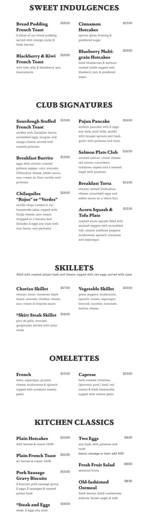 Bryn Mawr Breakfast Club menu in Chicago, Illinois, USA