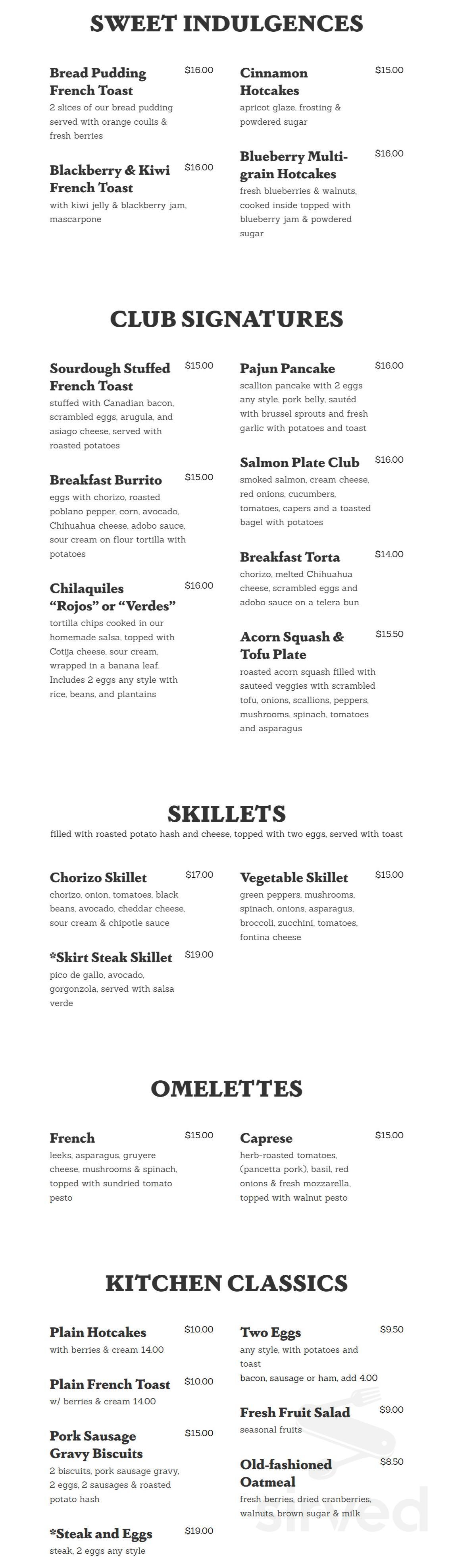 Bryn Mawr Breakfast Club menu in Chicago, Illinois, USA