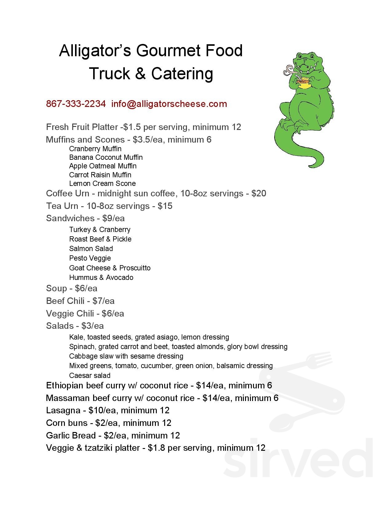 Alligator's Gourmet Grilled Cheese menu in Whitehorse, Yukon, Canada