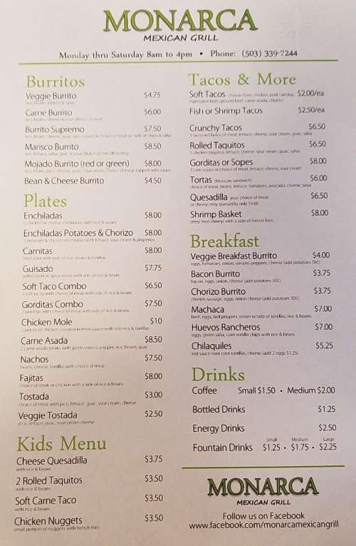 Monarca Mexican Grill menu in Salem, Oregon, USA