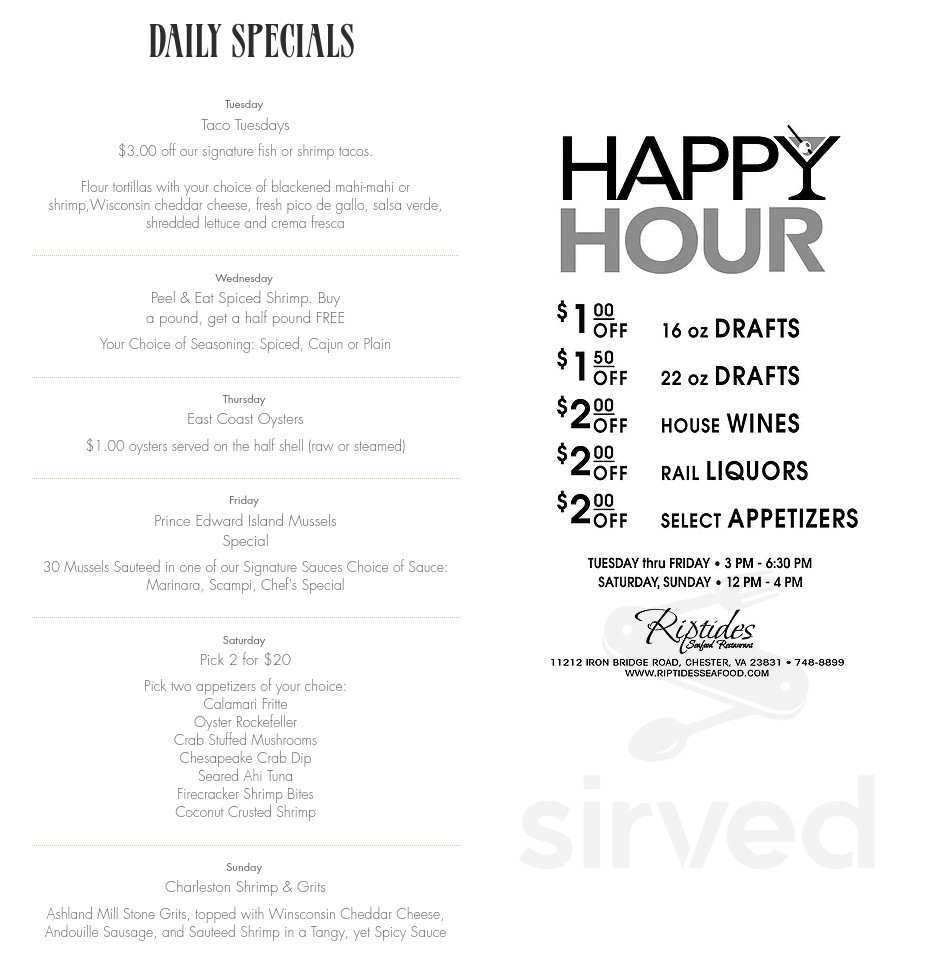 Menu for Riptides Seafood Restaurant in Chester, VA | Sirved