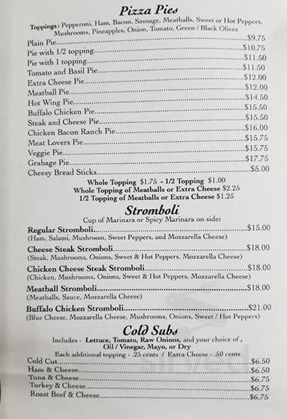 Steward's pizza shop menu in Sheppton, Pennsylvania, USA