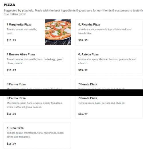 Toto 2 Pizza menu in Miami Beach, Florida, USA