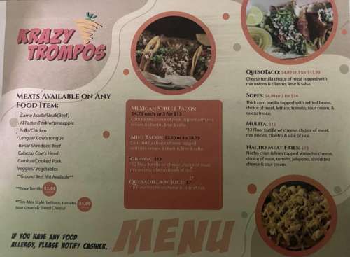 Krazy Trompos menu in Virginia Beach, Virginia, USA