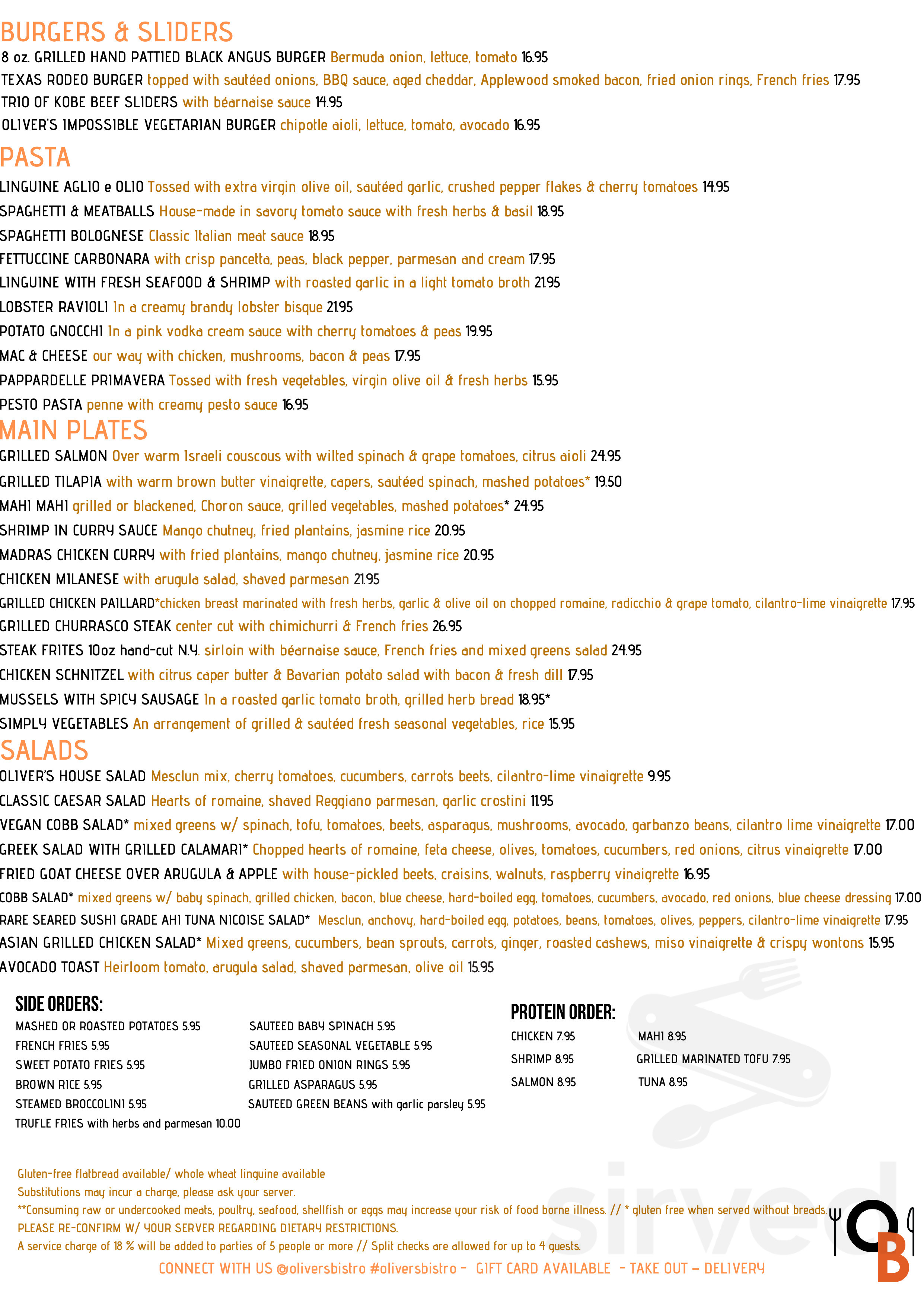 Menu - Miami Beach FL's Oliver's Bistro | Sirved