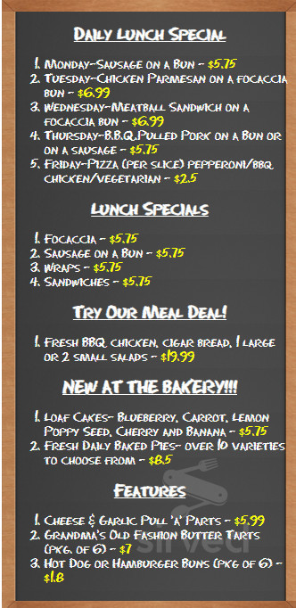 The Hollinger House Bakery & Deli menu in Timmins, Ontario, Canada