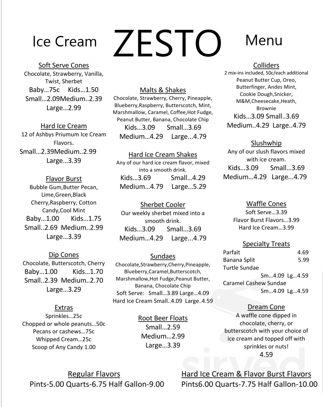 Zesto menus in Mitchell, South Dakota, United States