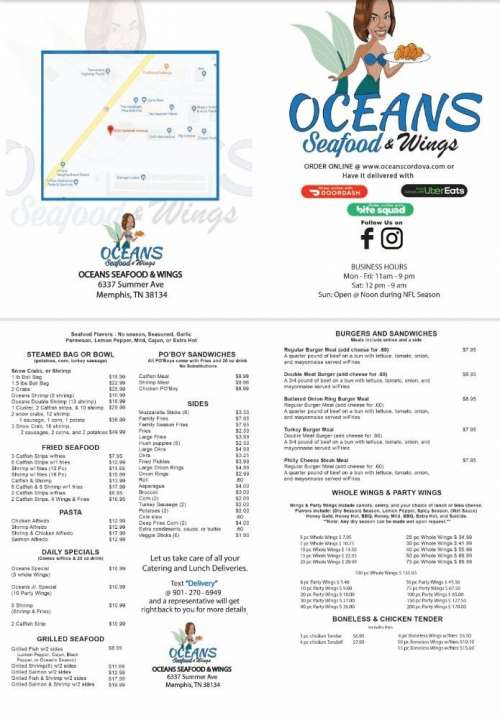 Oceans Seafood and Wings menu in Bartlett, Tennessee, USA