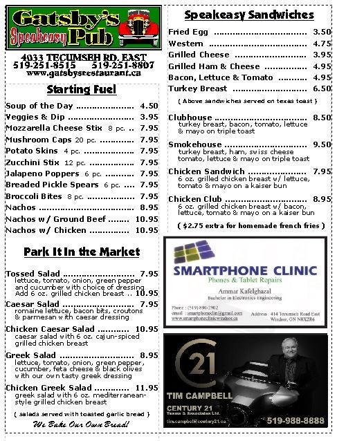 Gatsby's Restaurant menu in Windsor, Ontario, Canada