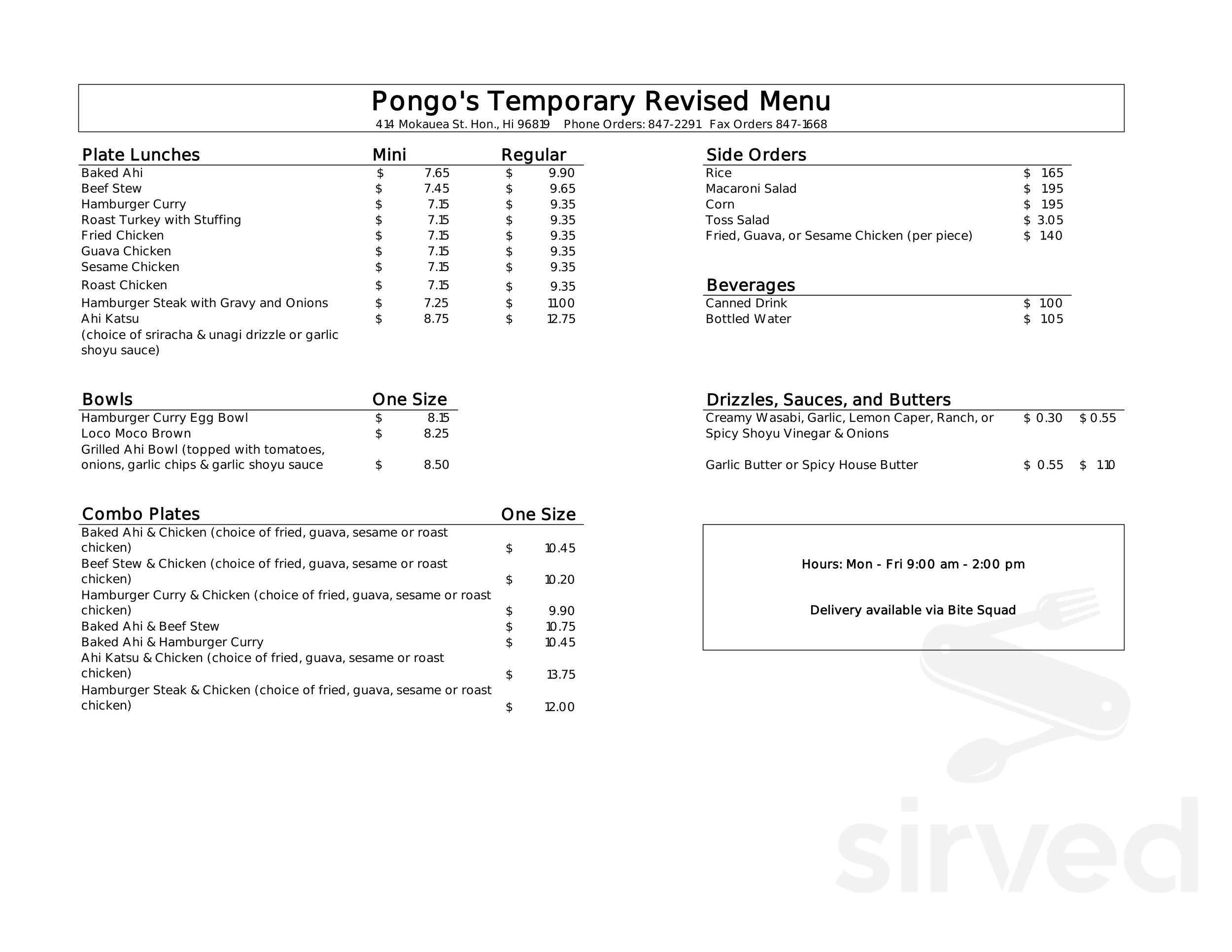 Pongo's Kitchen Menu - Honolulu, Hawaii | Sirved