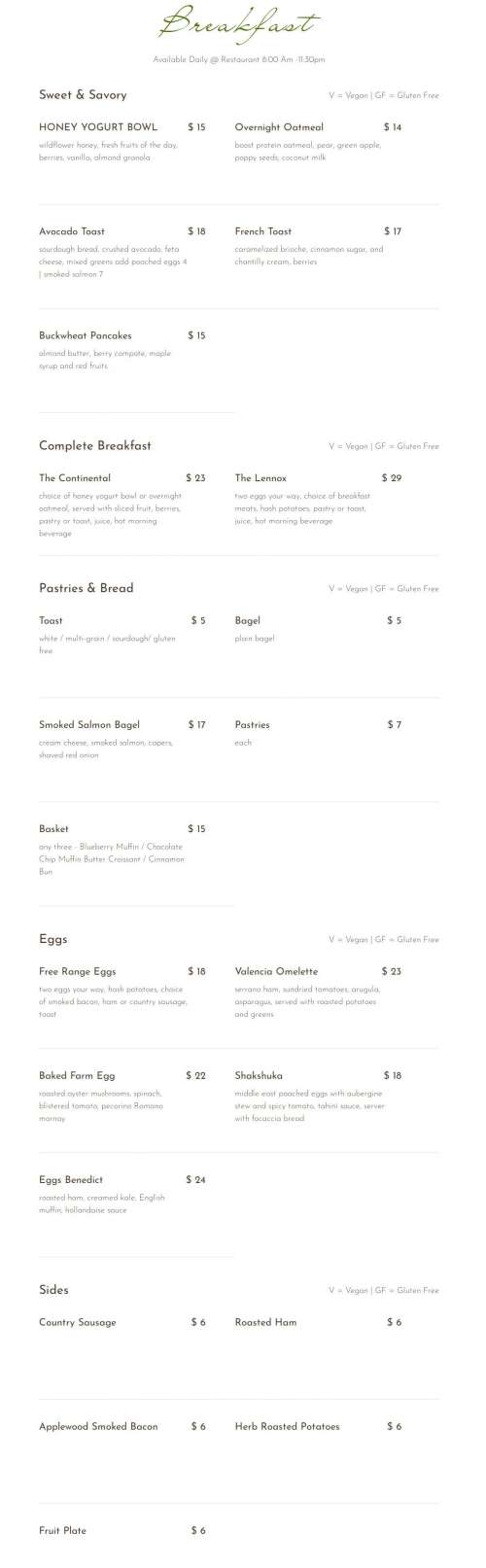 Amalia Restaurant Miami Beach menu in Miami Beach, Florida, USA