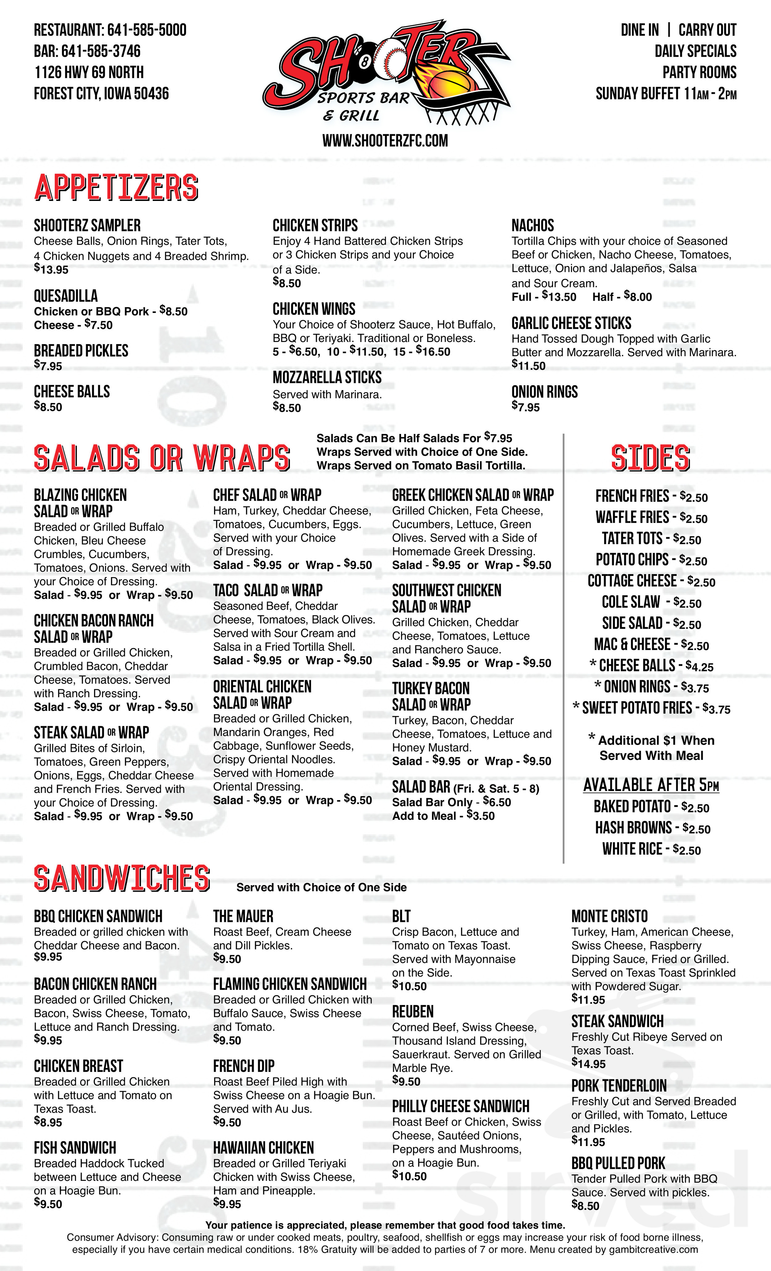 Menu for Shooterz in Forest City, IA | Sirved