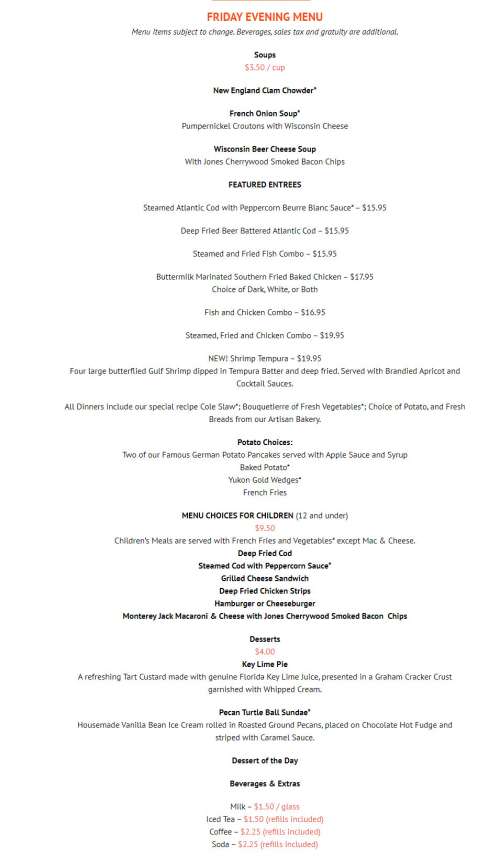 Fireside Dinner Theatre menu in Fort Atkinson, Wisconsin, USA