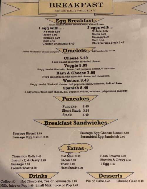 Nichol's Cafe menu in Kiowa, Oklahoma, USA