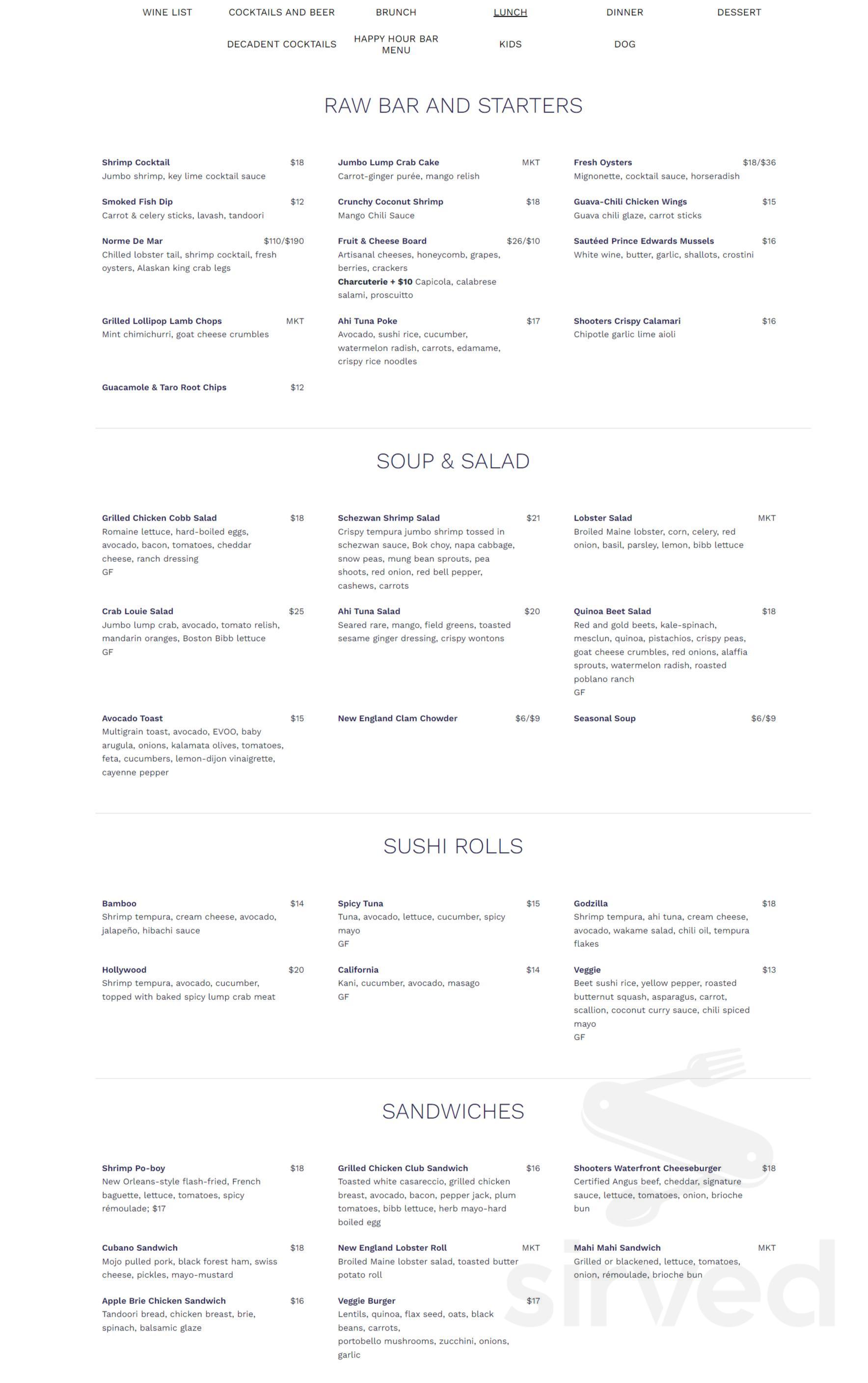 Shooters Waterfront menu in Fort Lauderdale, Florida, USA