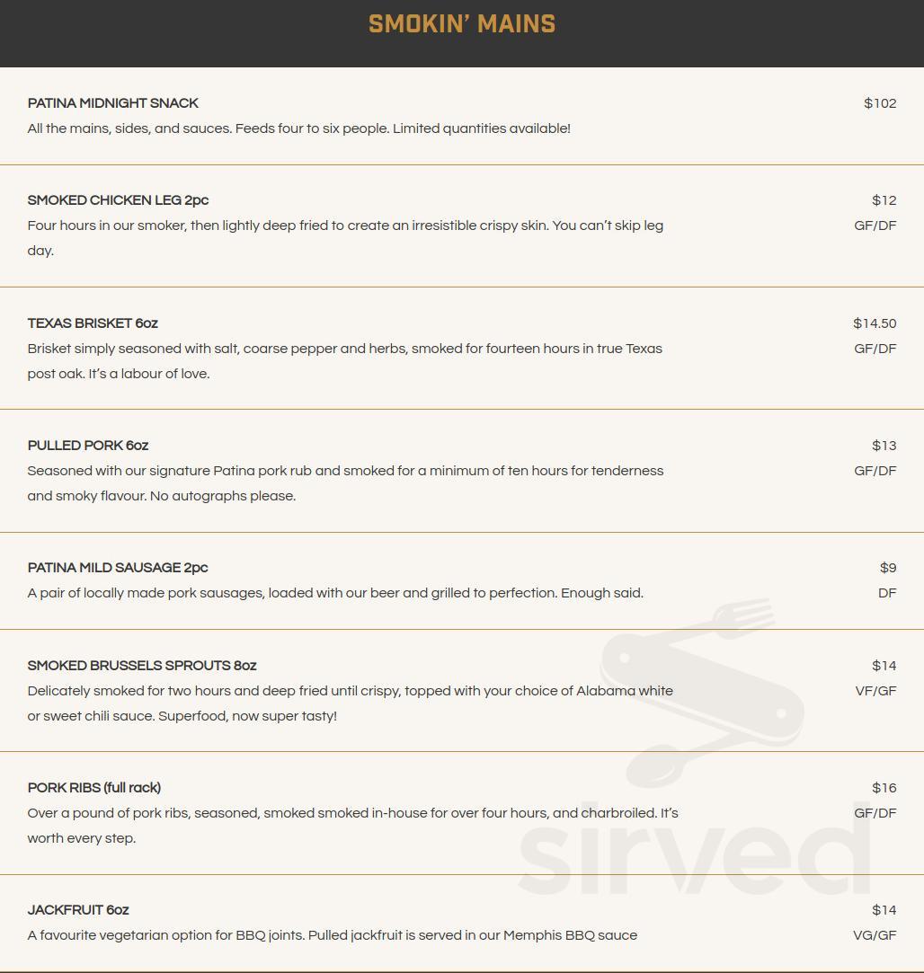 Patina Brewing Co. Brew House & BBQ menu in Port Coquitlam, British ...