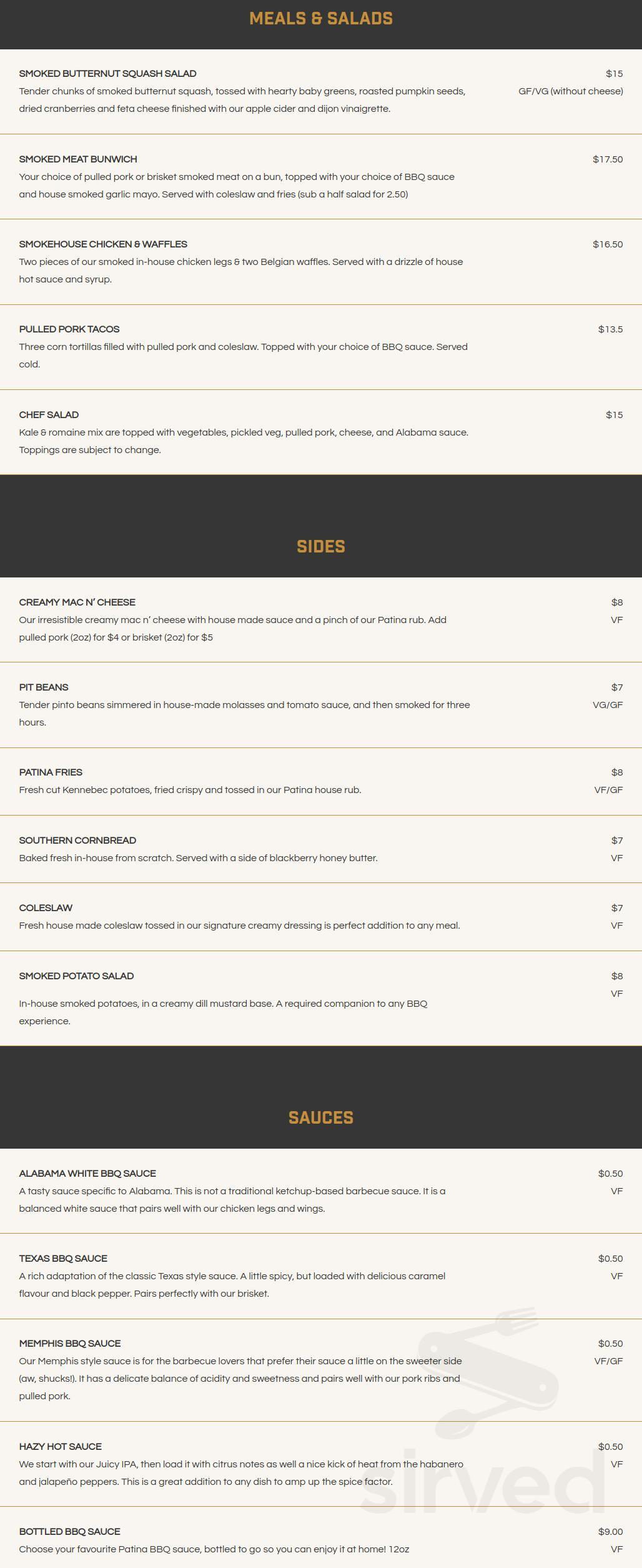 Patina Brewing Co. Brew House & BBQ menu in Port Coquitlam, British ...