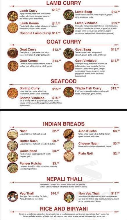 Namaste Indian Nepali Kitchen menu in Montpelier, Vermont, USA