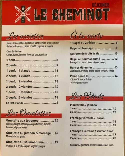 LE CHEMINOT menu in Labelle, Quebec, Canada