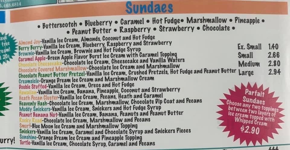 Bogie's Ice Cream menu in Winchester, Indiana, USA