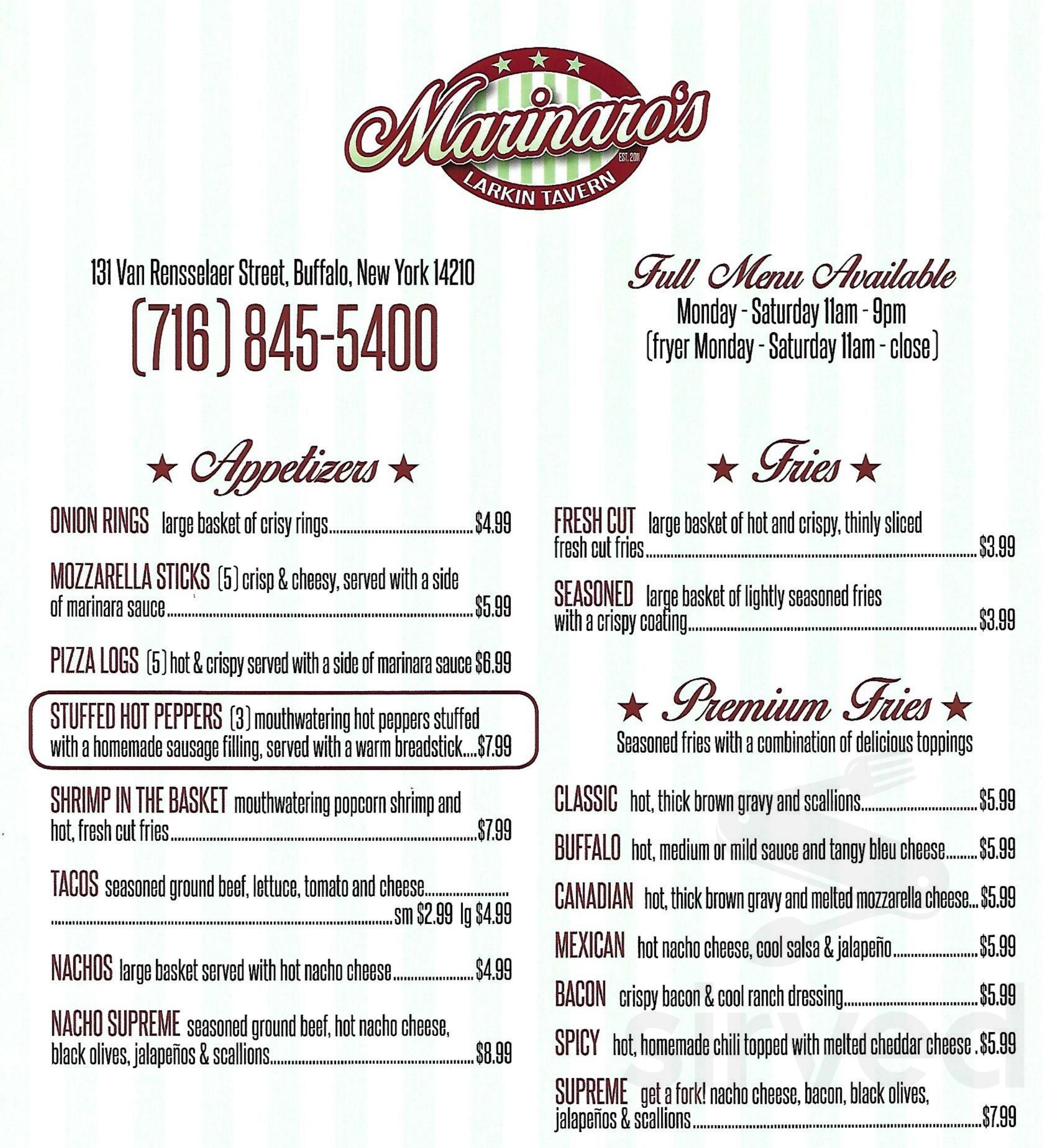 Menu - Buffalo NY's Marinaro's Larkin Tavern | Sirved