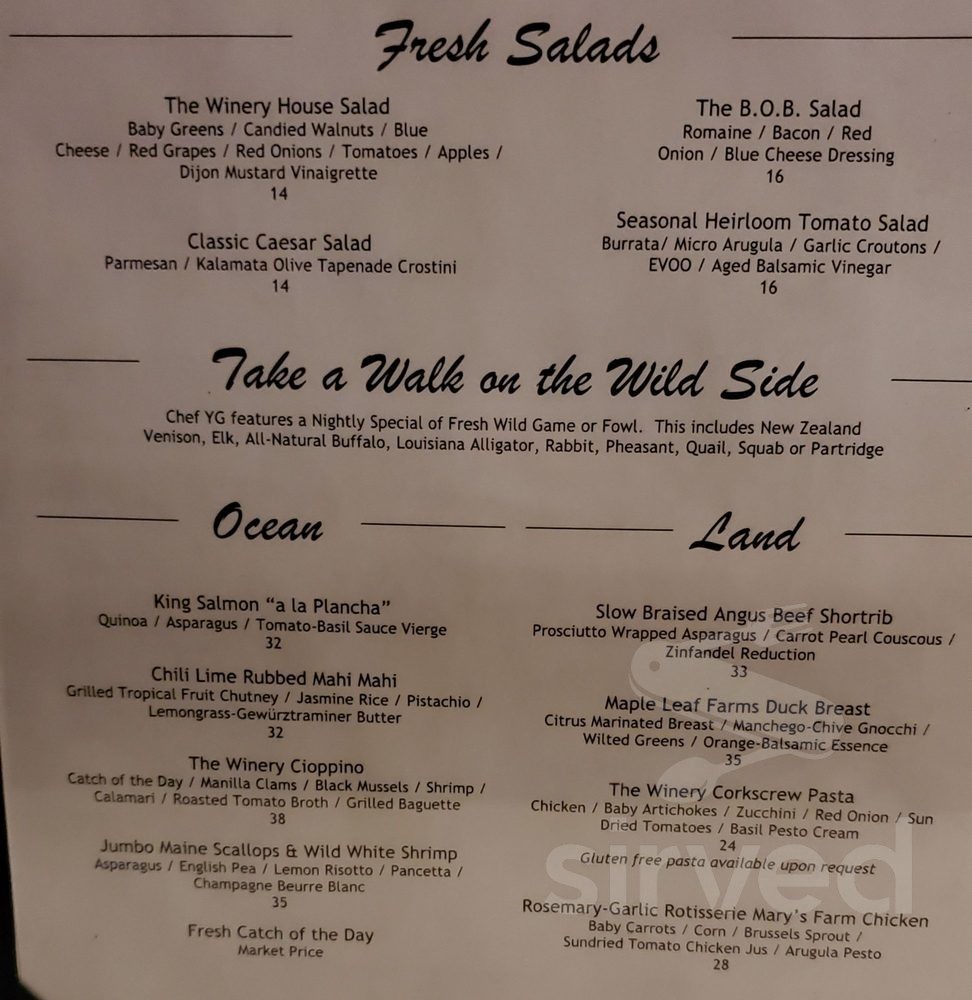 The Winery Restaurant menu in Newport Beach, California, USA
