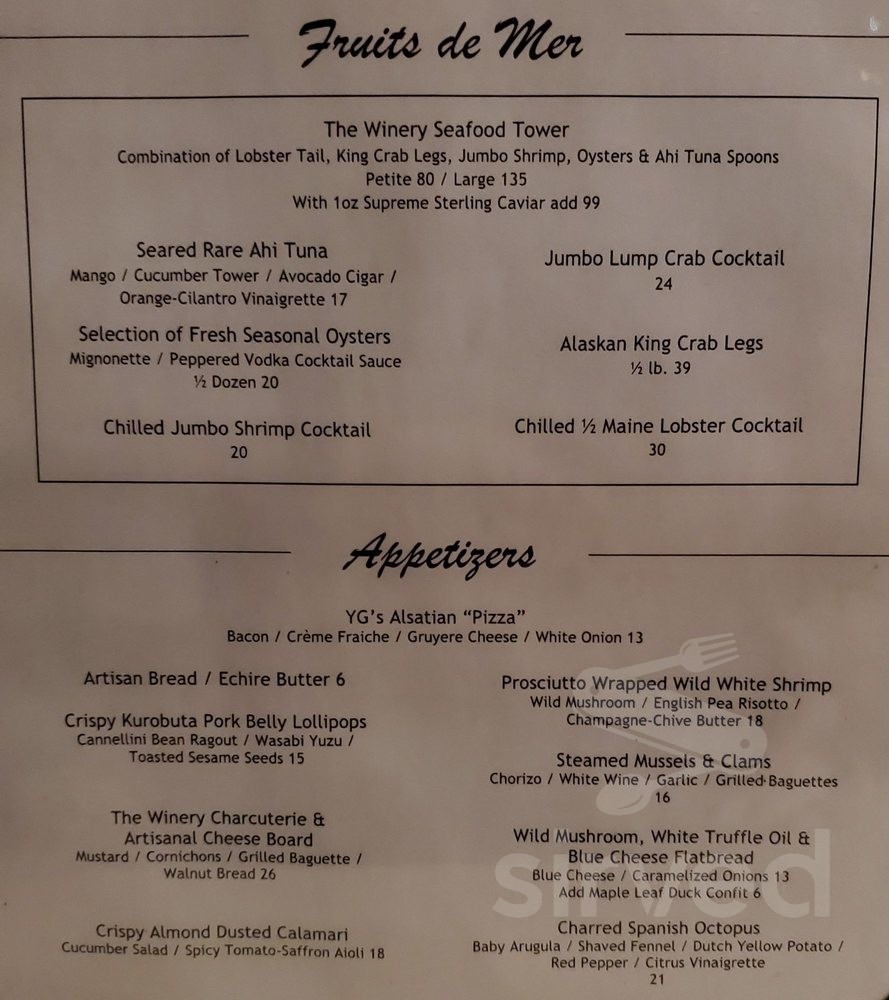 The Winery Restaurant & Wine Bar menus in Tustin, California, United States