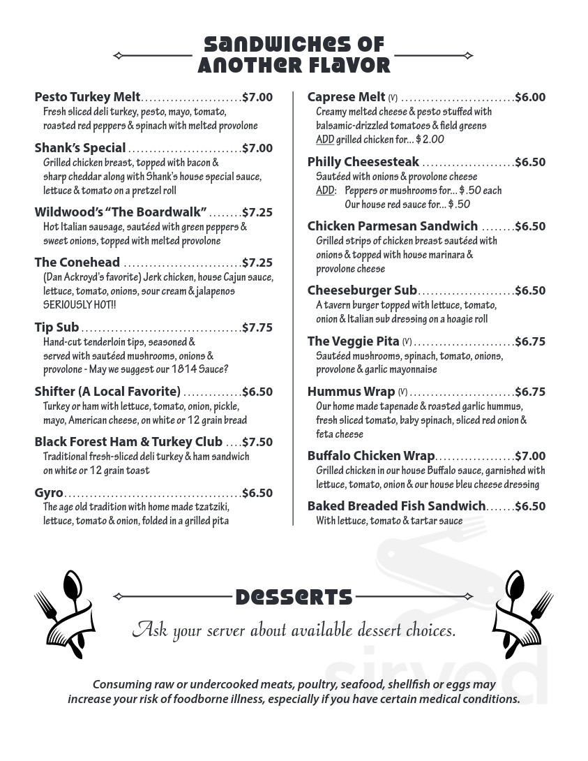 Shank's Tavern menu in Marietta, Pennsylvania, USA