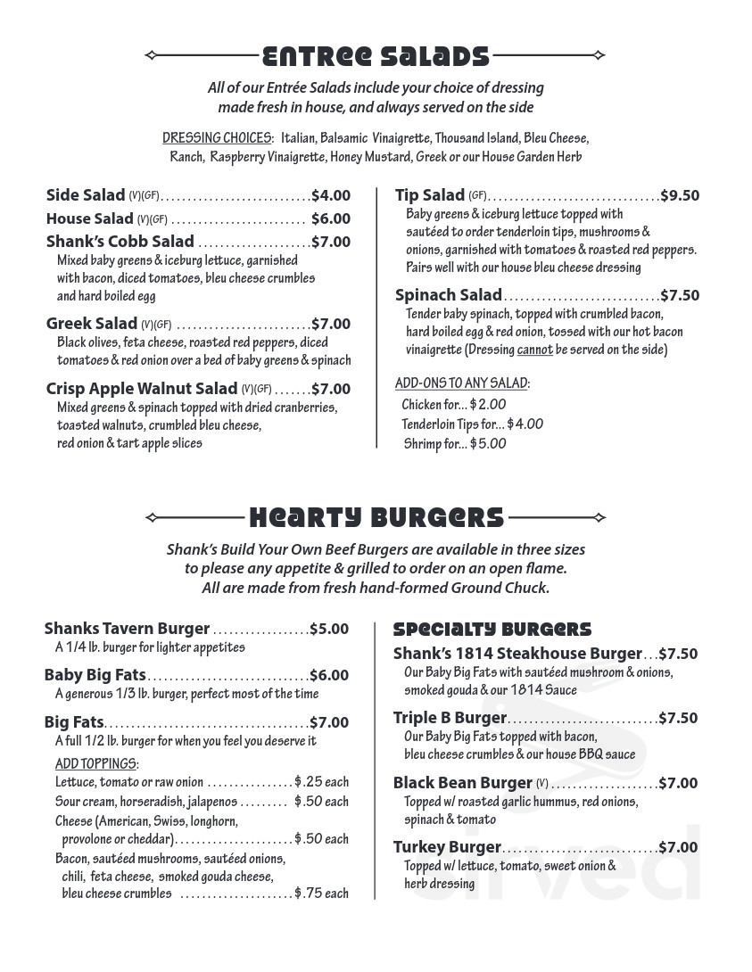Menu - Marietta PA's Shank's Tavern | Sirved