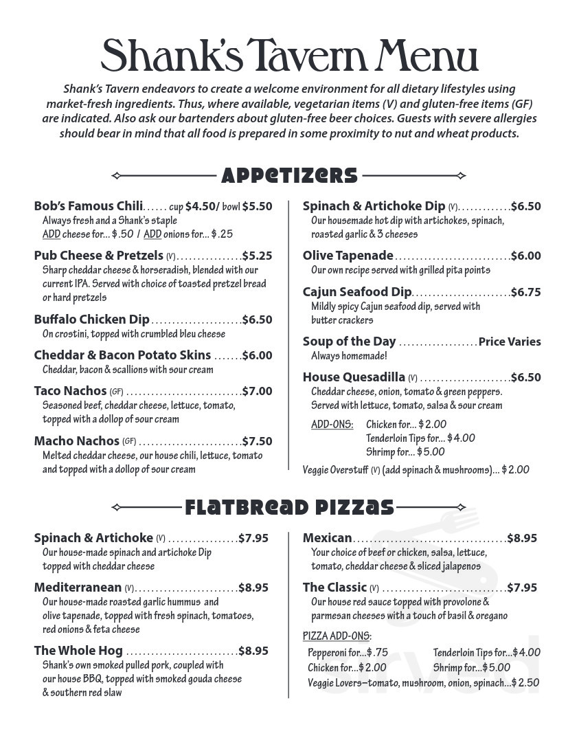 Menu - Marietta PA's Shank's Tavern | Sirved