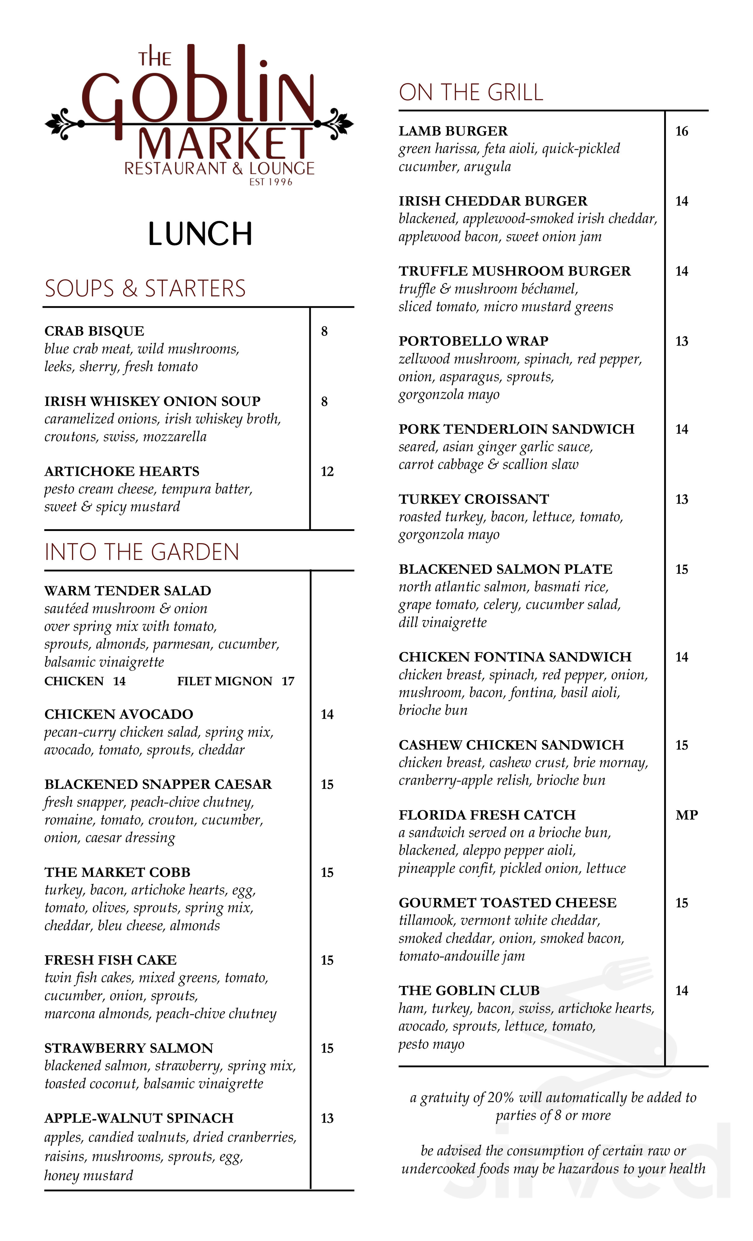 The Goblin Market Restaurant & Lounge menu in Mt Dora, Florida, USA