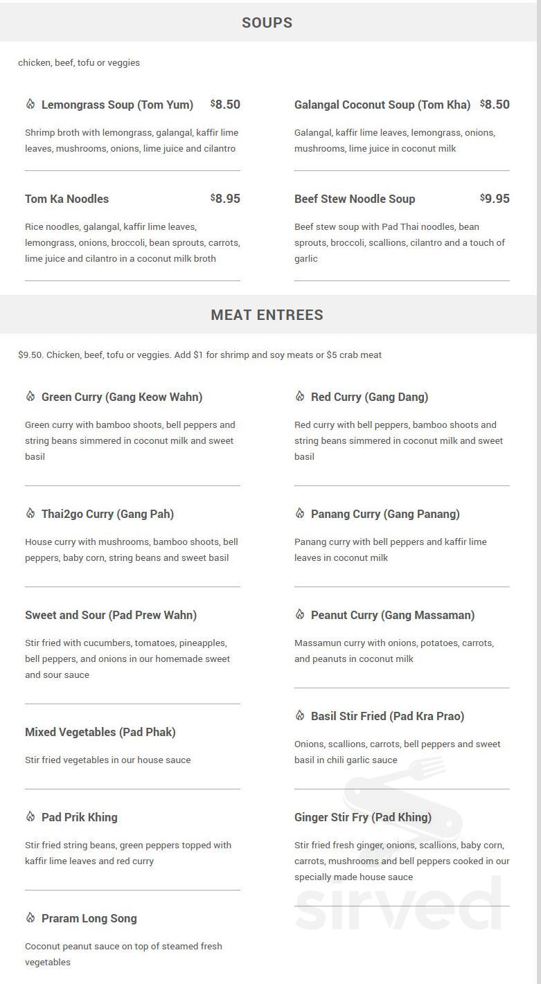 Menu - Dallas TX's Thai2go | Sirved