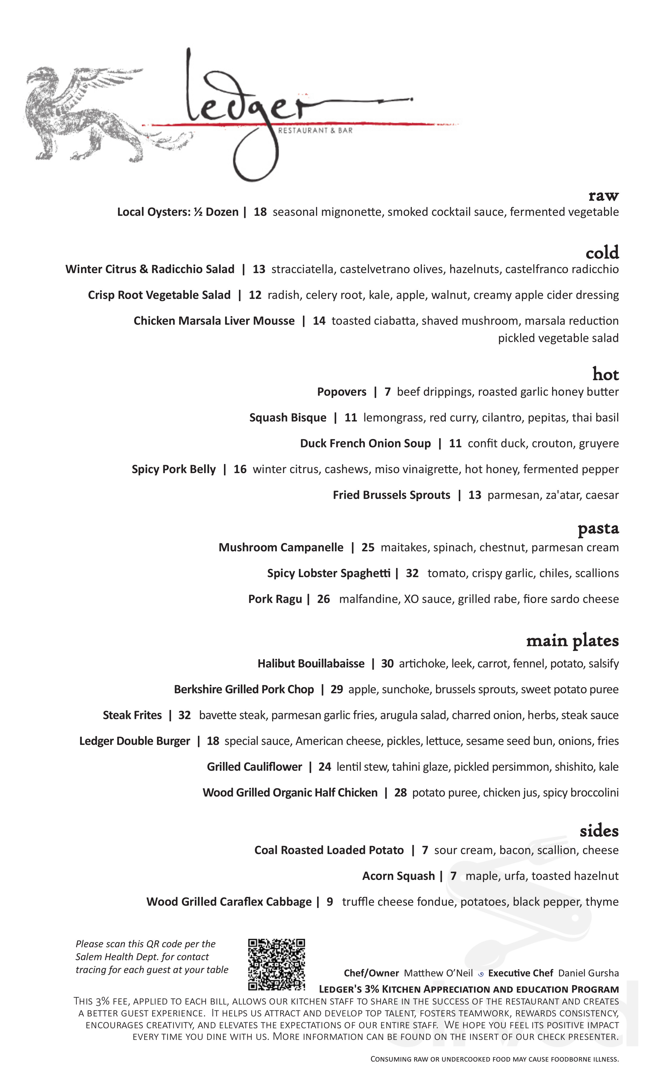 Menu - Salem MA's Ledger Restaurant | Sirved