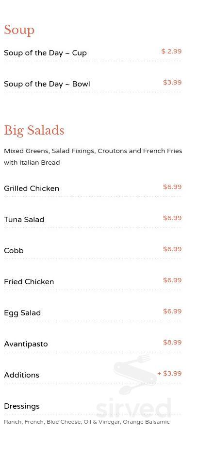 Menu - Erie PA's Avanti's | Sirved
