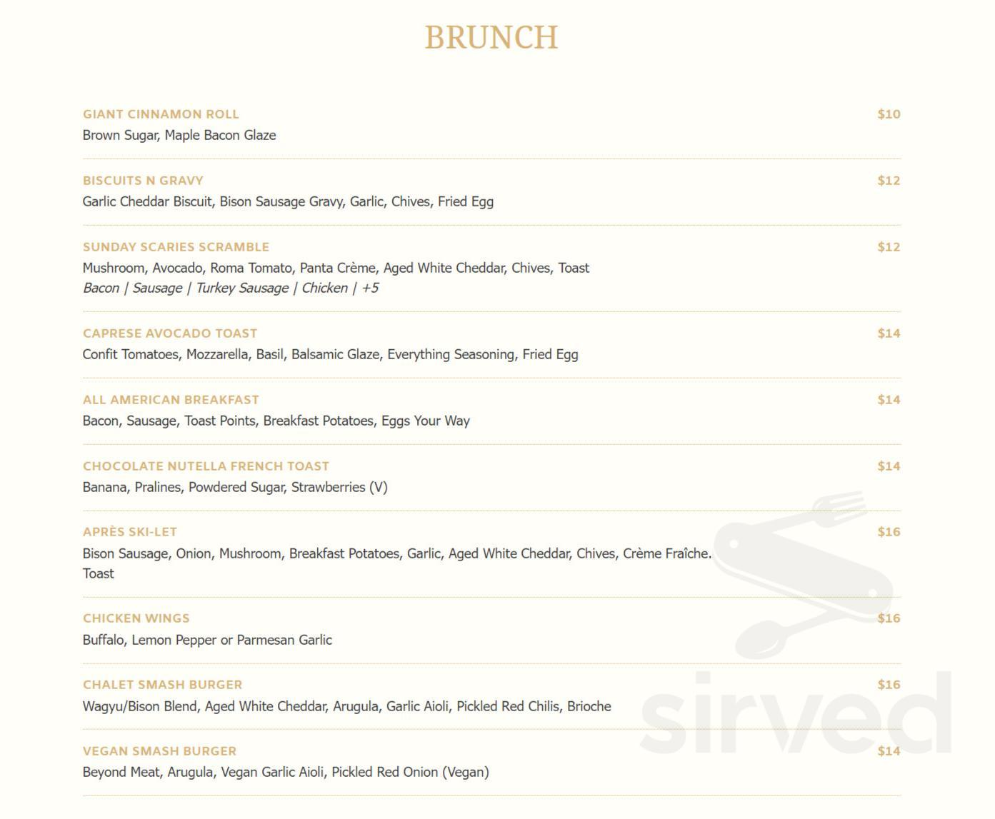 Chalet menu in Chicago, Illinois, USA