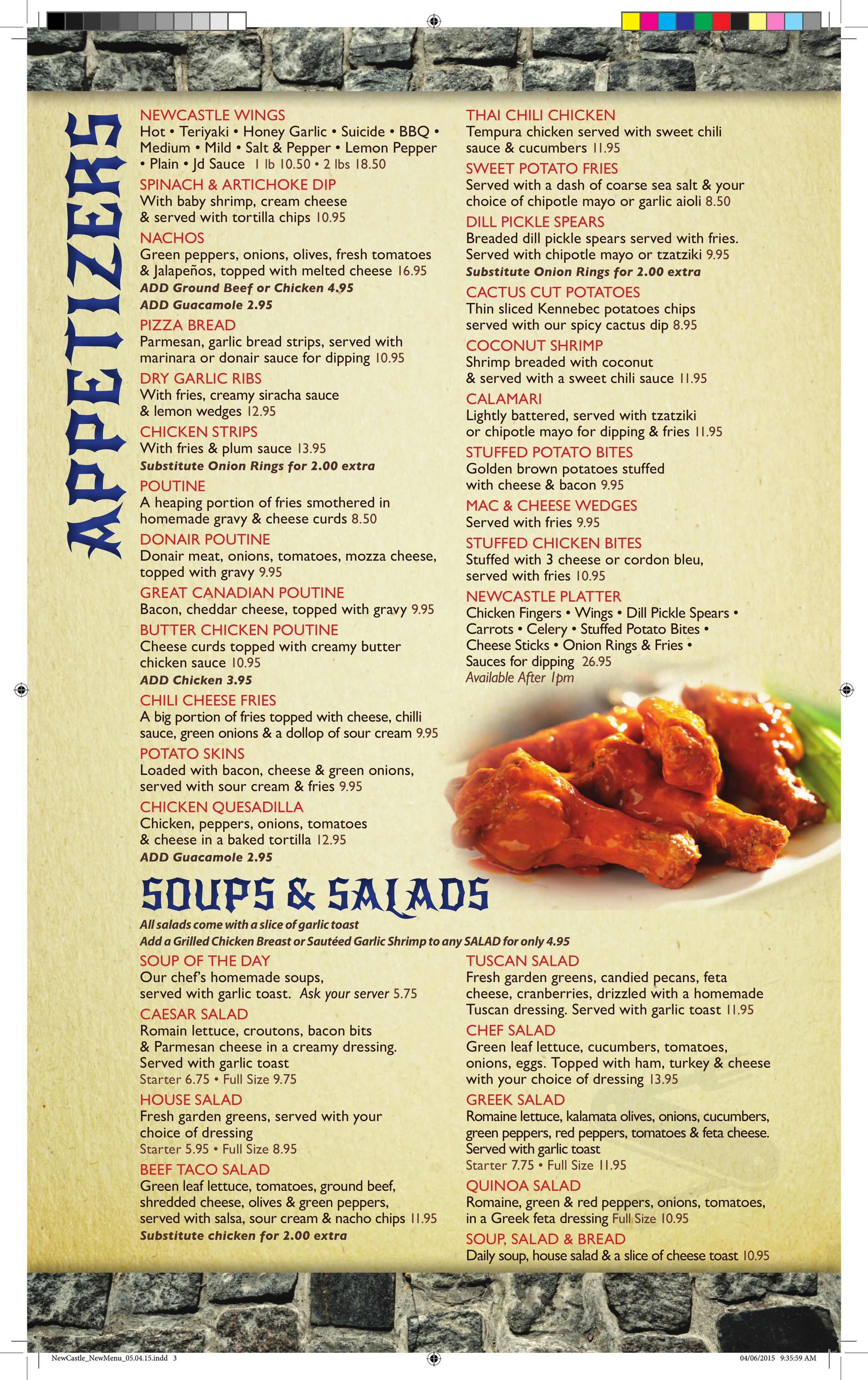 Newcastle Pub & Grill menu in Edmonton, Alberta, Canada