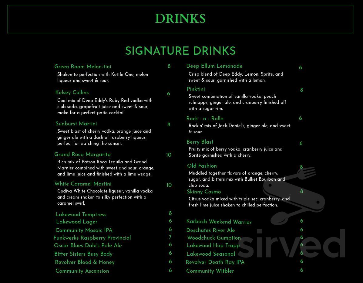 The Green Room menu in Dallas, Texas, USA