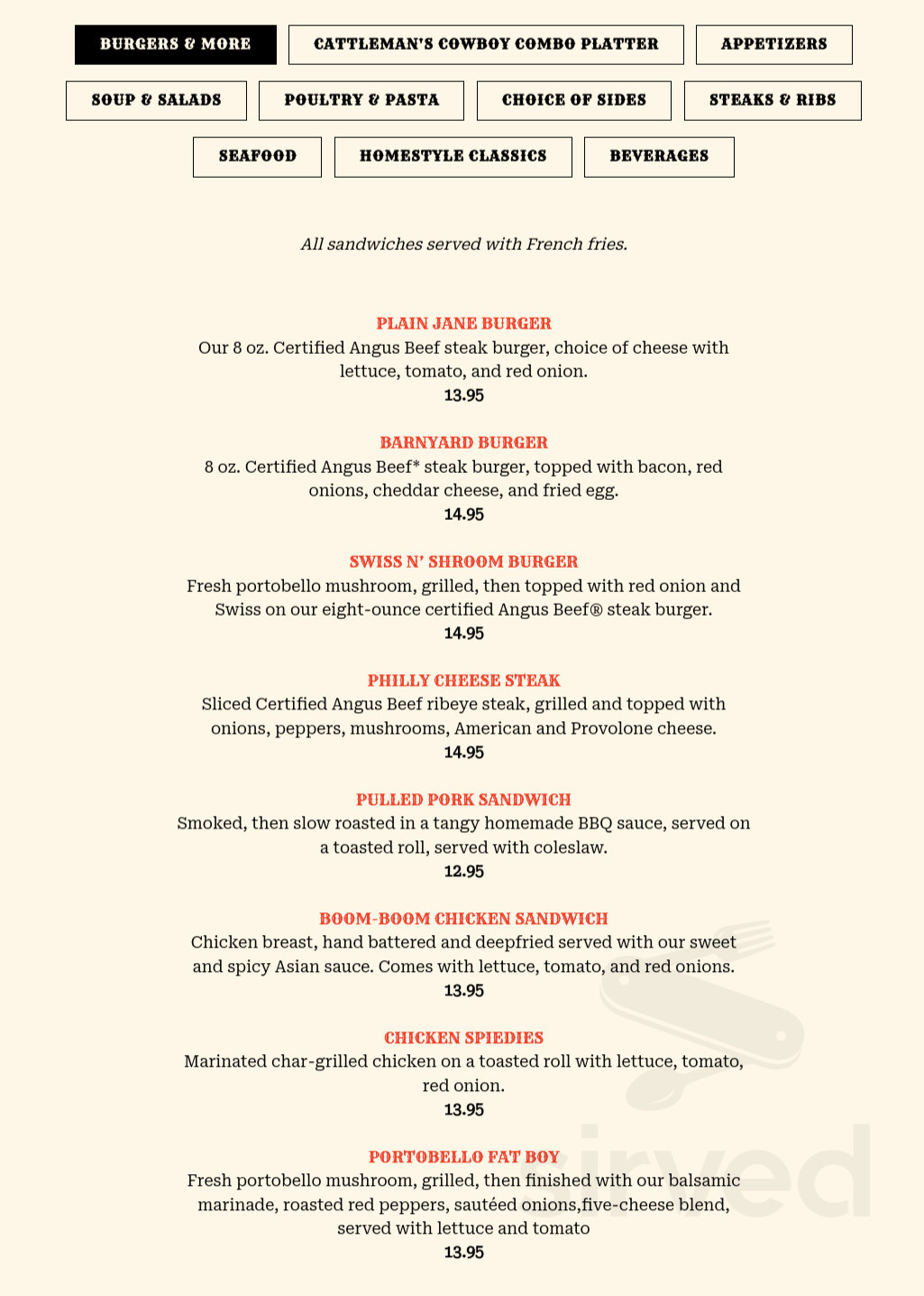 Cattleman's Steakhouse and Lounge menu in Sidney, New York, USA