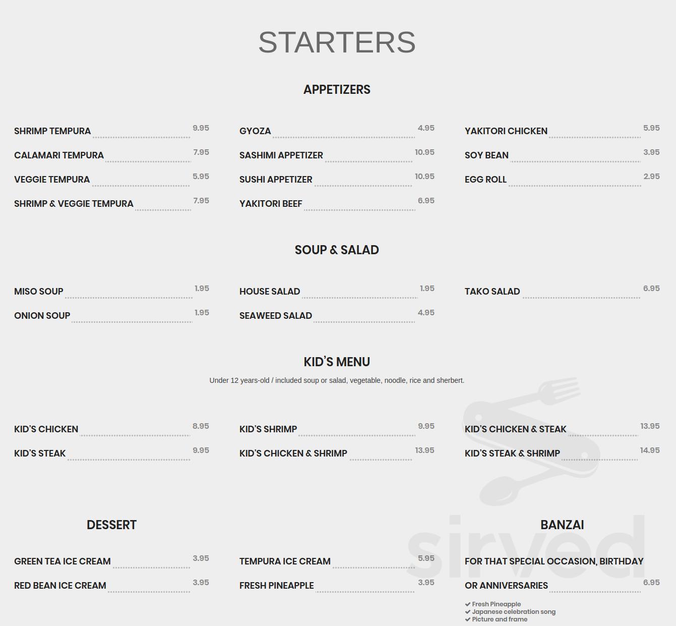 Tokyo Garden menu in Tulsa, Oklahoma, USA