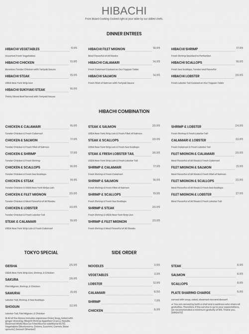 Tokyo Garden menu in Tulsa, Oklahoma, USA