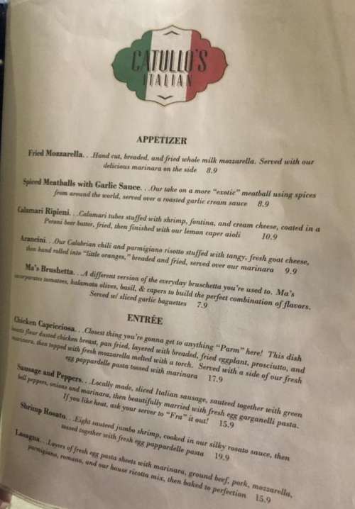 Catullo's Italian menu in Jacksonville, Florida, USA