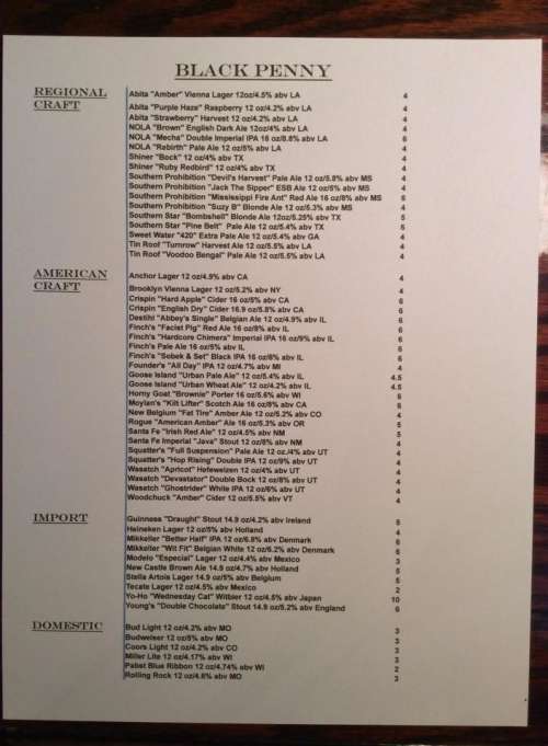 Black Penny menu in New Orleans, Louisiana, USA