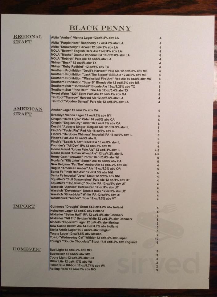 Black Penny menu in New Orleans, Louisiana, USA