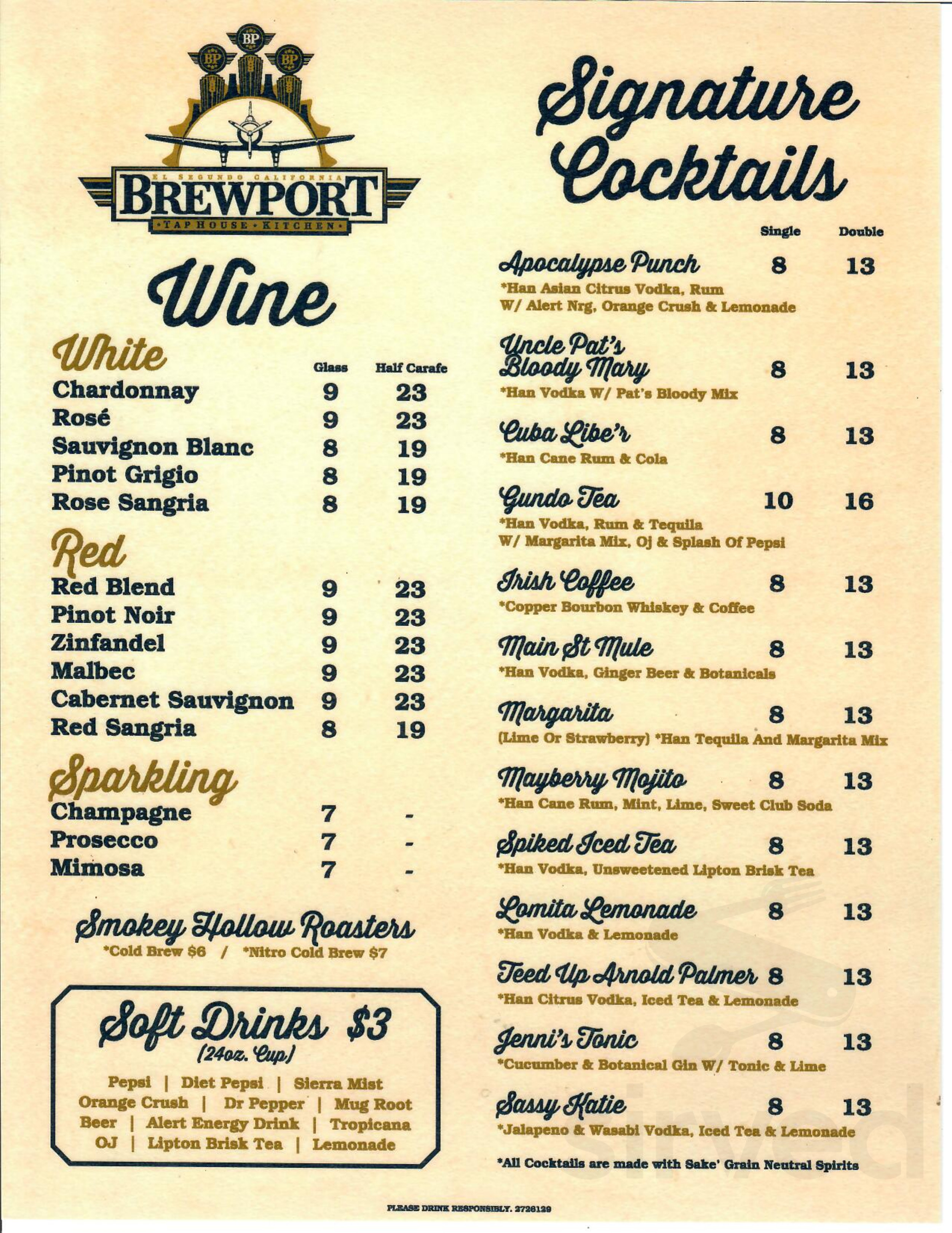 Brewport Tap House menu in El Segundo, California, USA