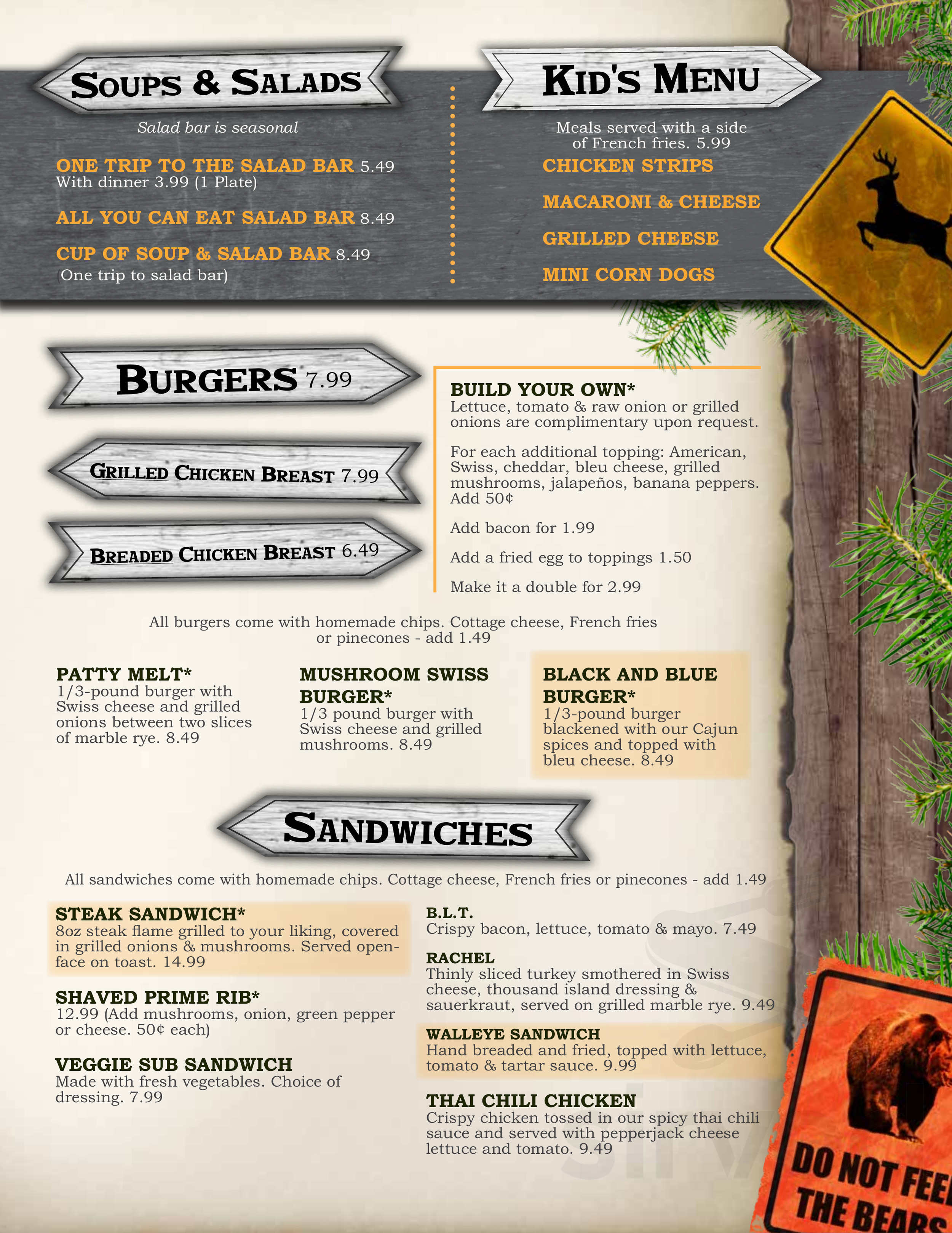 Rustic Roadhaus menu in Manitowish Waters, Wisconsin, USA