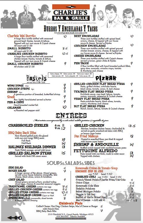 Charlie's Bar & Grille menu in Grand Rapids, Michigan, USA