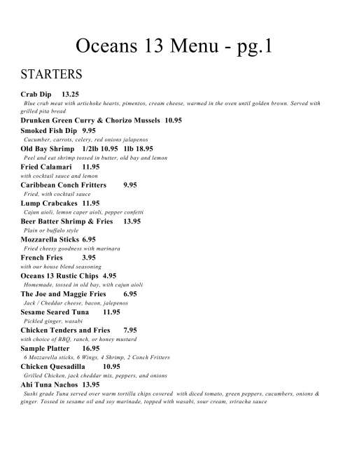 Oceans 13 menu in Hollywood, Florida, USA