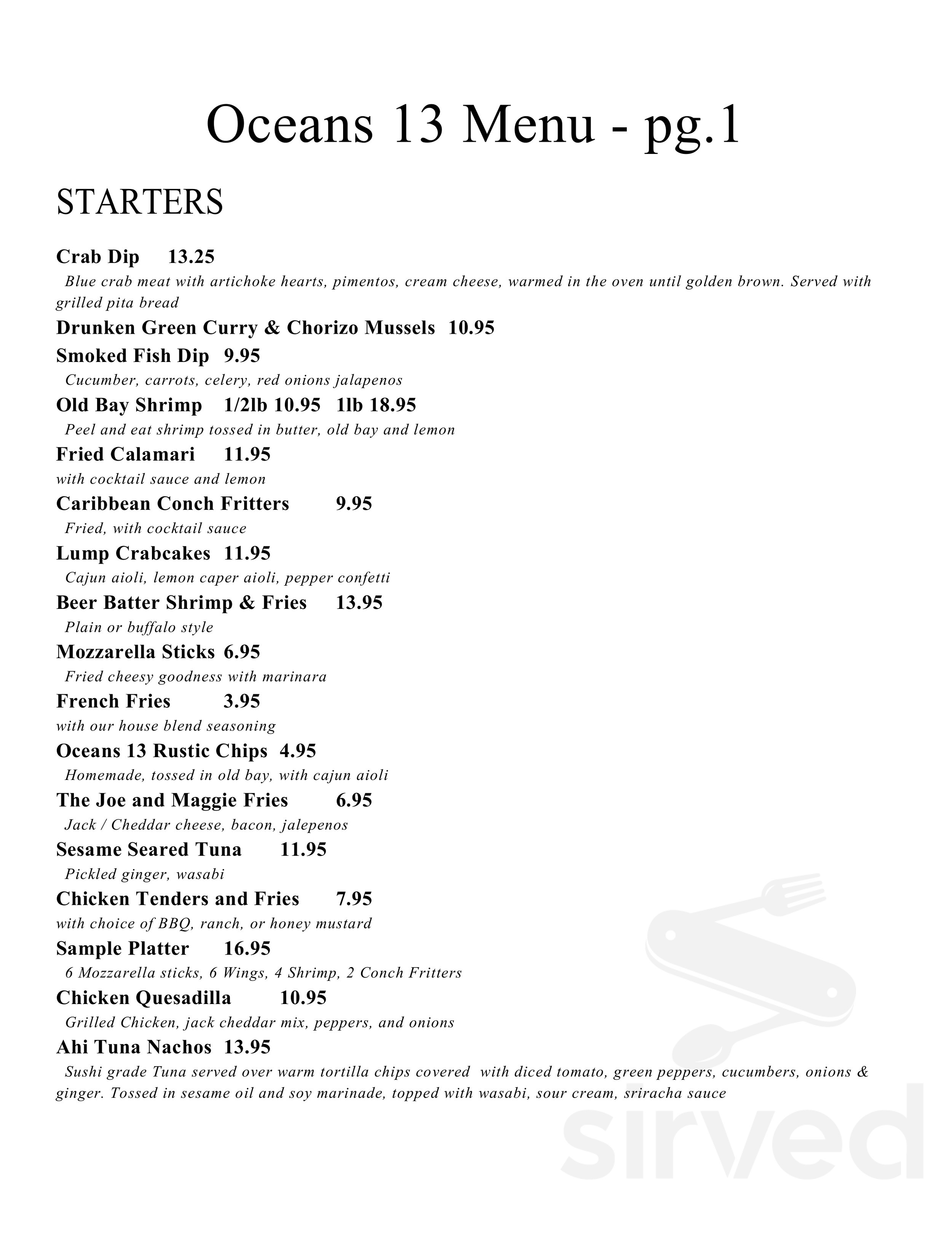 Oceans 13 menu in Hollywood, Florida, USA